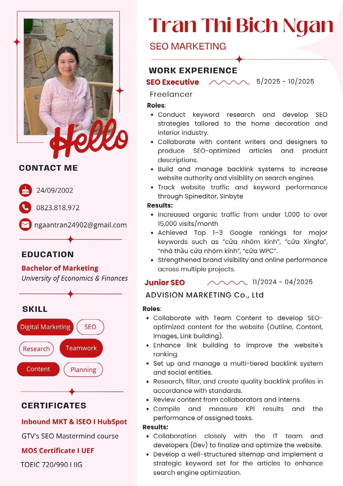 CV - TRAN THI BICH NGAN - SEO CONTENT on Behance :: Behance