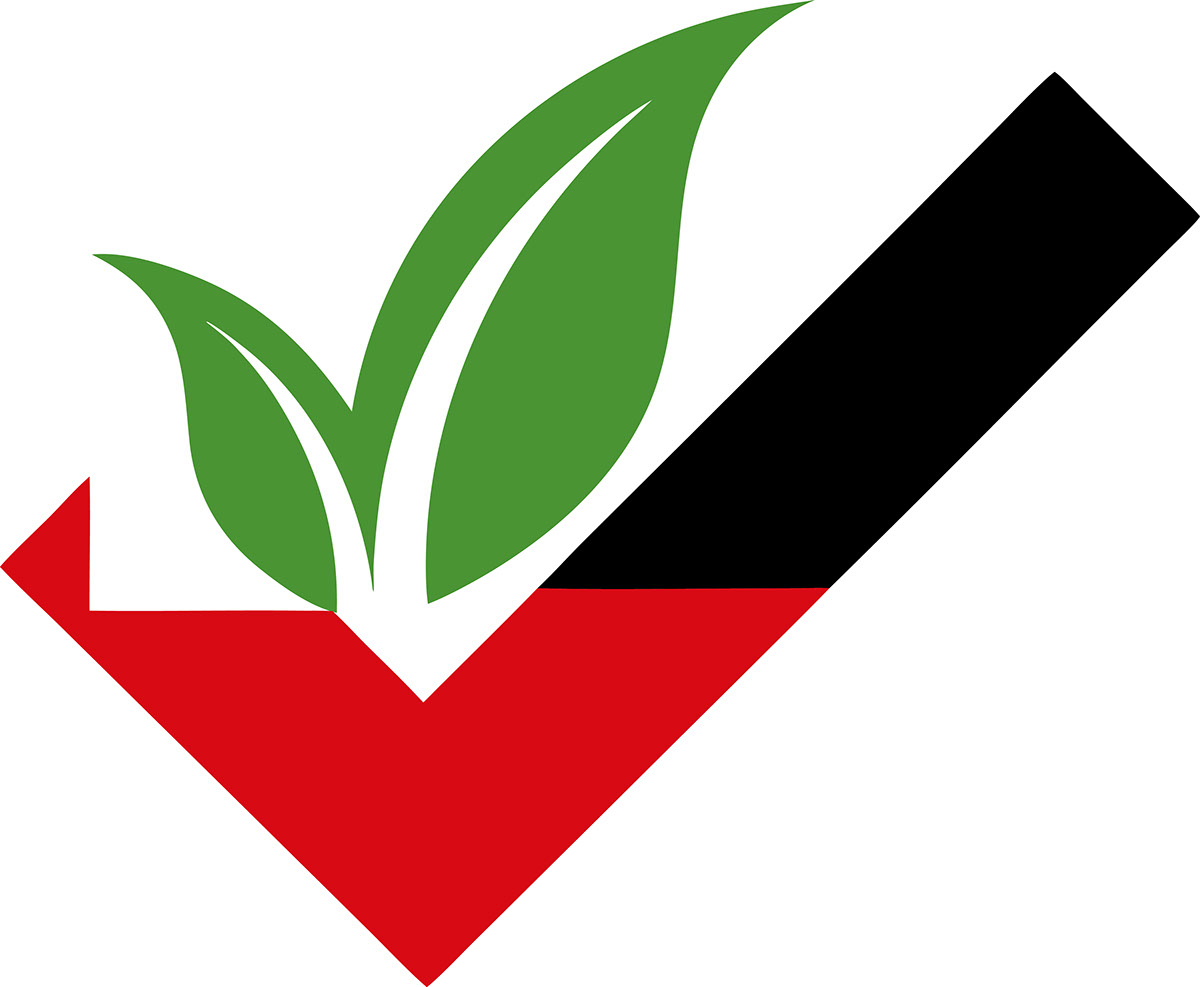 Eco friendly check mark isolated on white background with leaf and red ...