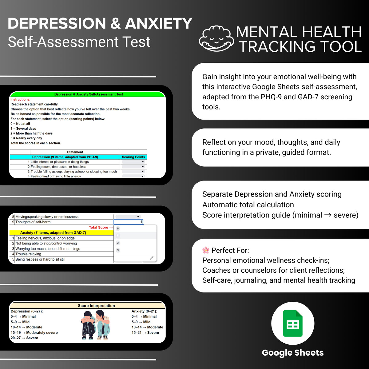 Depression and Anxiety Self-Assessment Test Google Sheets Template on ...