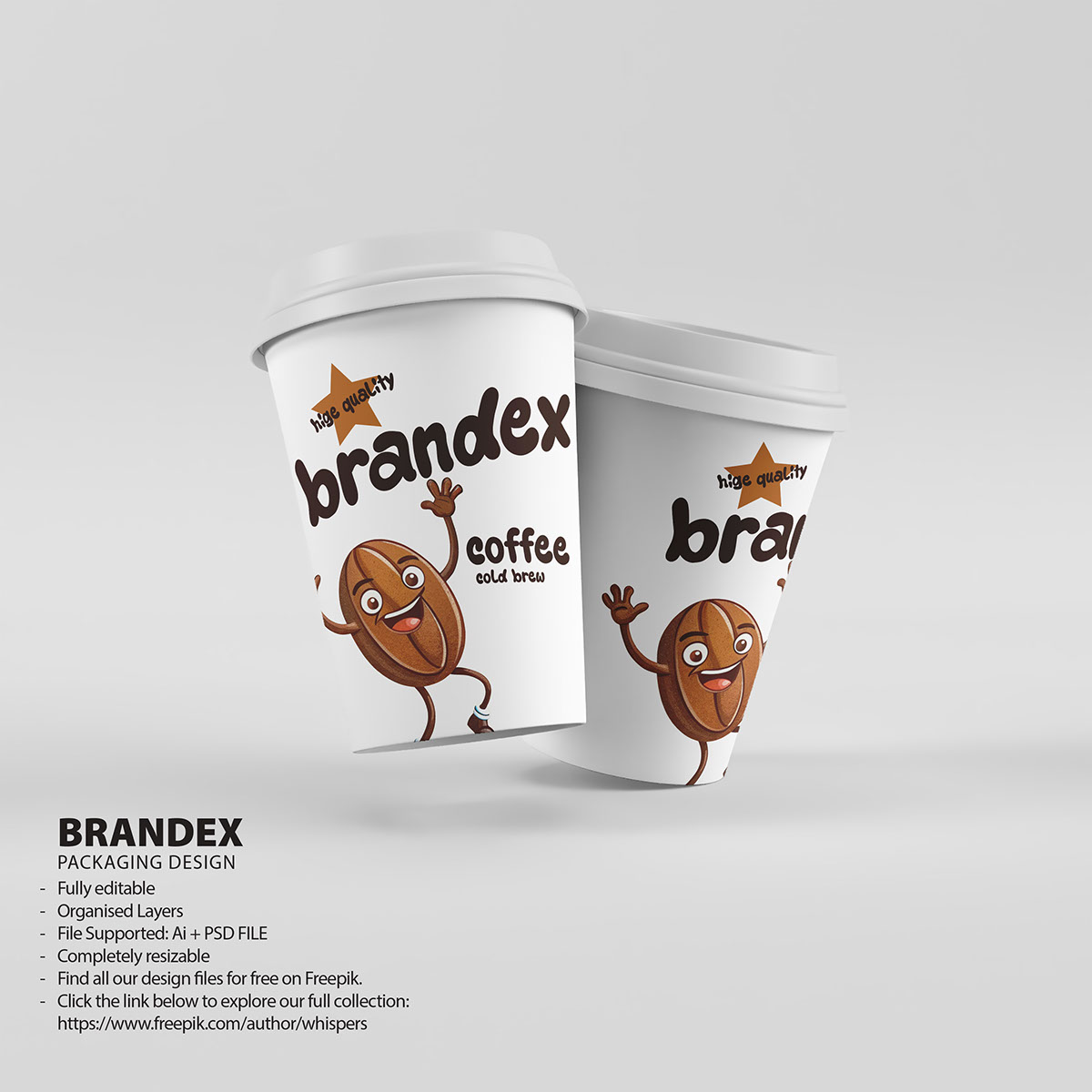 Brandex Coffee Cold Brew Cup Packaging Design with Cheerful Coffee Bean ...