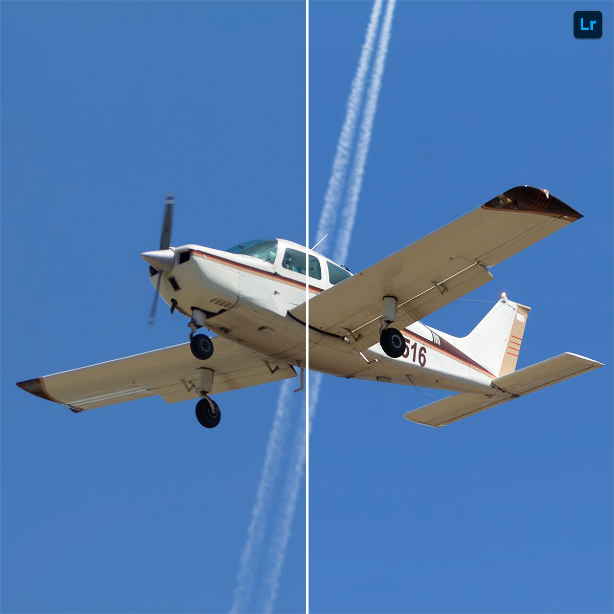 Beech C23 passing over contrails | Edit | Photoshop Lightroom