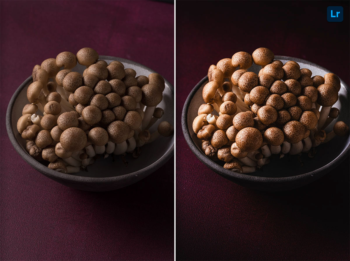 Mushrooms on maroon backdrop | Edit | Photoshop Lightroom